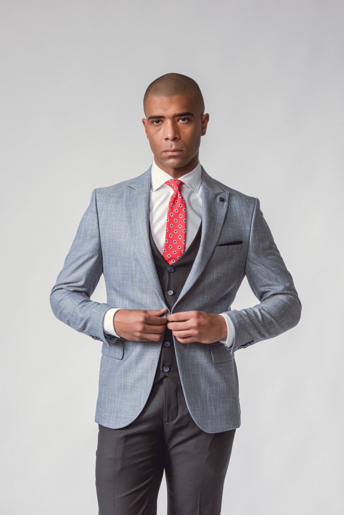 SKY BLUE HERRINGBONE 3 PIECES SLIMT FIT SUIT – Roban